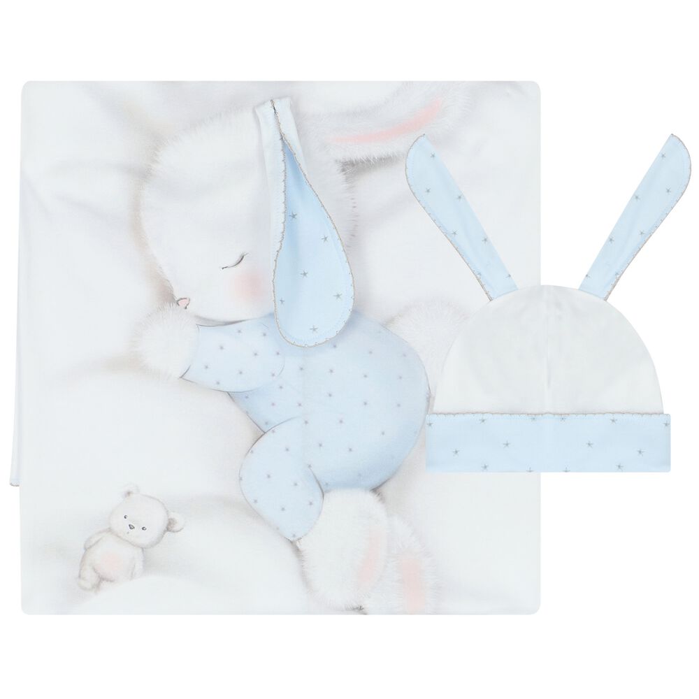 Sofija Baby Boys White & Blue Bunny Blanket Set | Junior Couture Kuwait