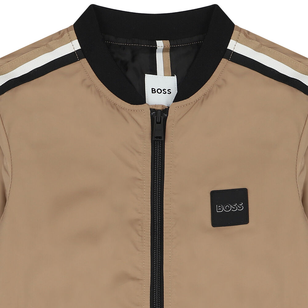 BOSS Boys Beige Logo Bomber Jacket | Junior Couture