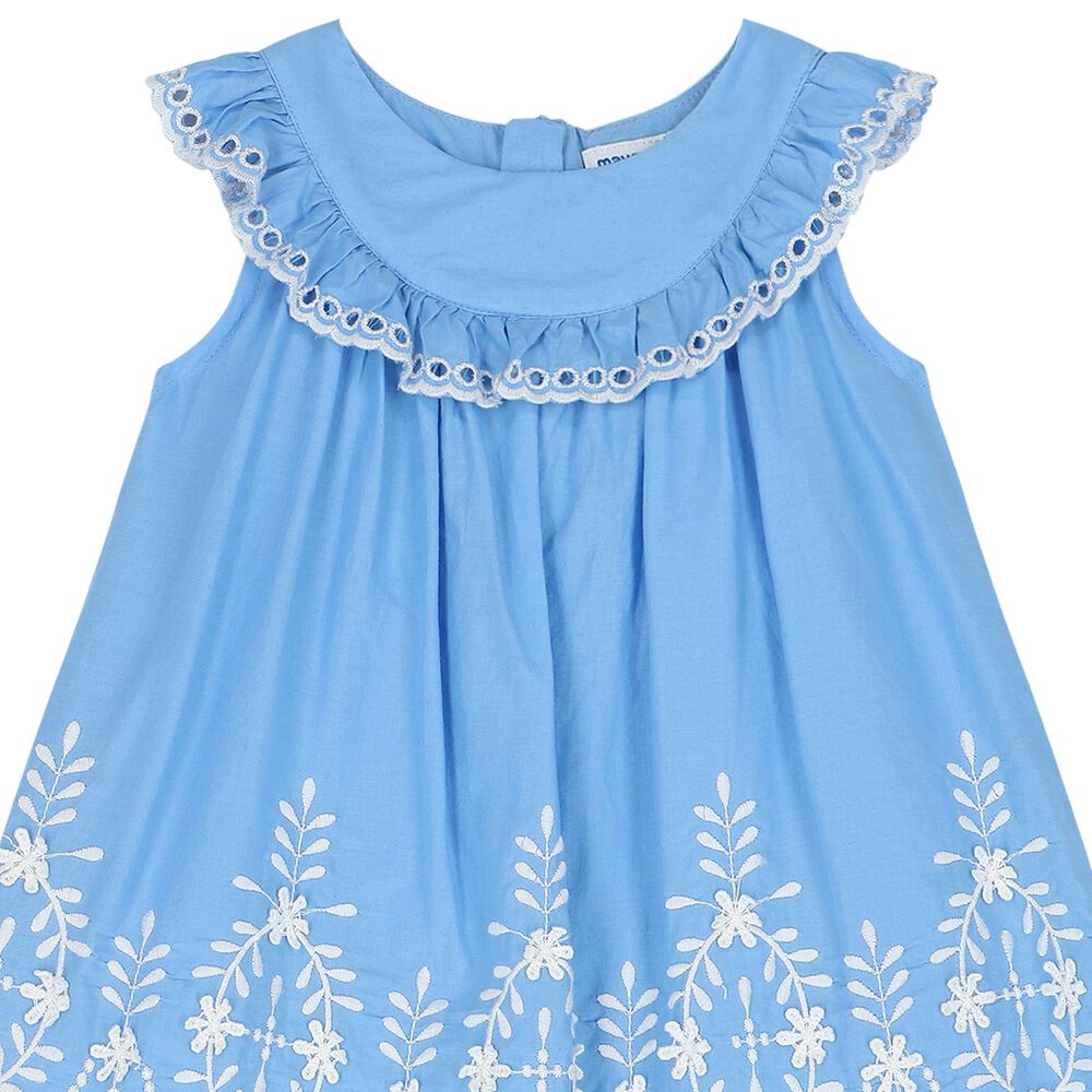 Mayoral Younger Girls Blue & White Embroidered Dress | Junior Couture