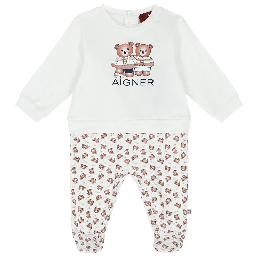 Aigner Baby Boys White Teddy Bear Logo Babygrow | Junior Couture USA
