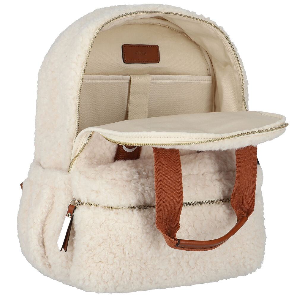 CHLOE Girls Ivory Sherpa Logo Backpack | Junior Couture