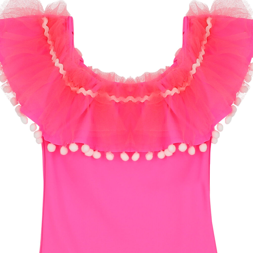 Stella Cove Girls Pink Ruffle Pom-Pom Swimsuit | Junior Couture