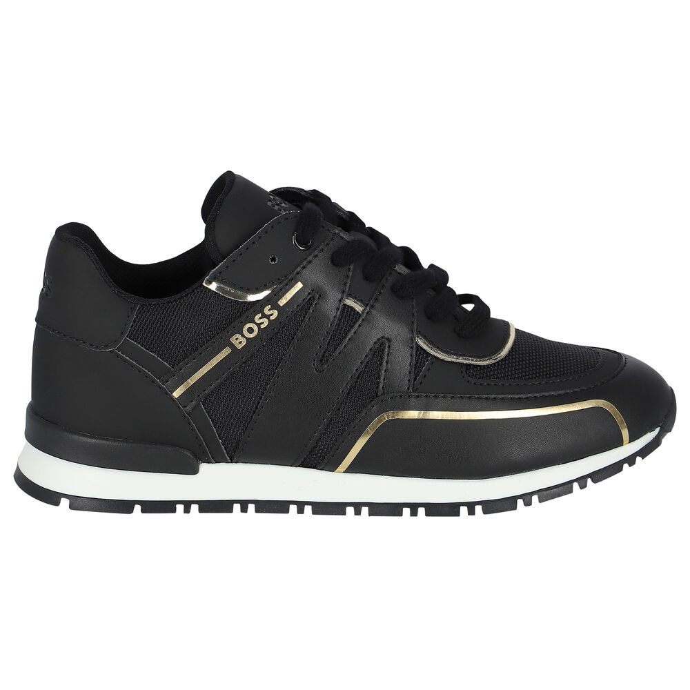 BOSS Boys Black & Gold Logo trainers | Junior Couture