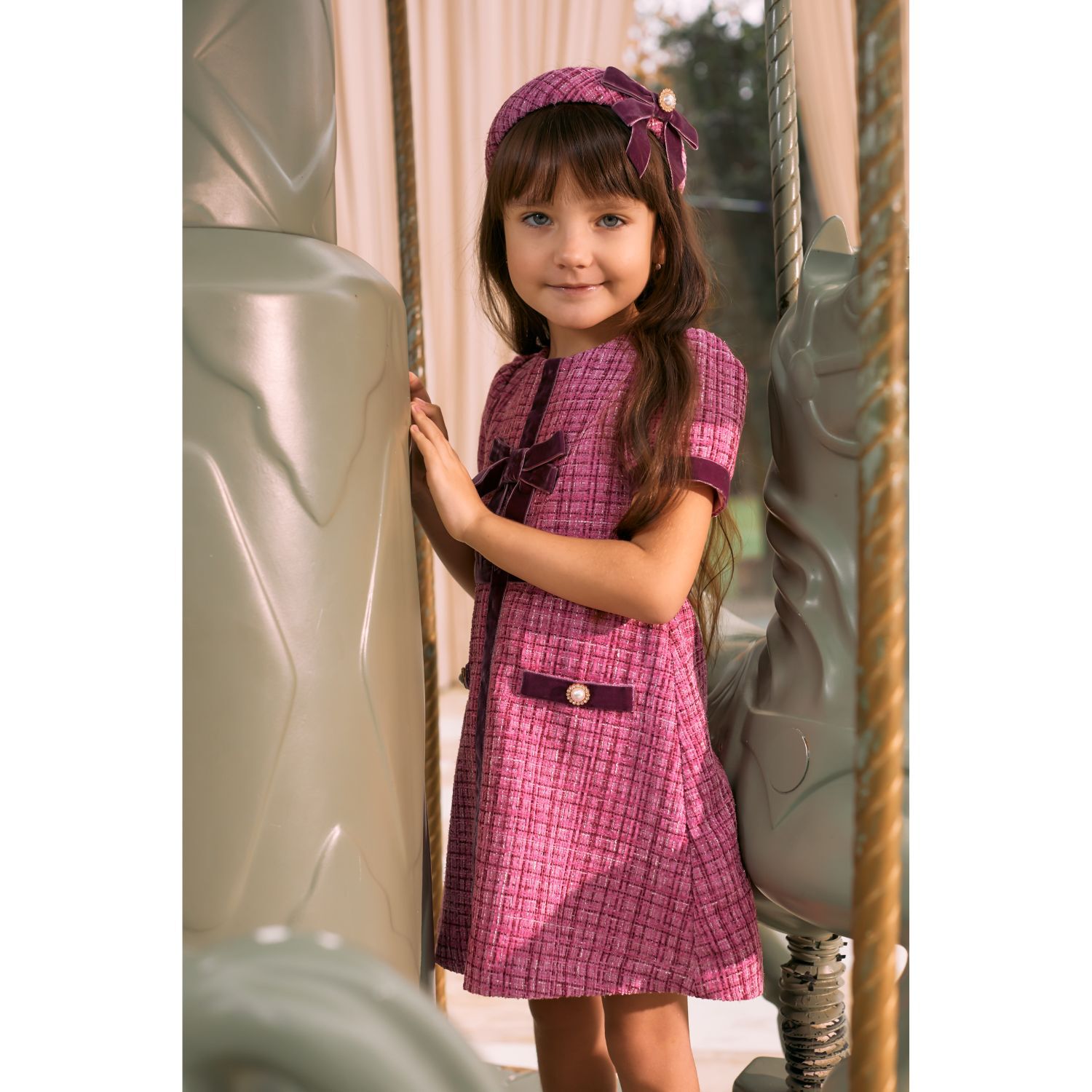 Patachou Girls Pink Tweed & Velvet Bow Dress | Junior Couture
