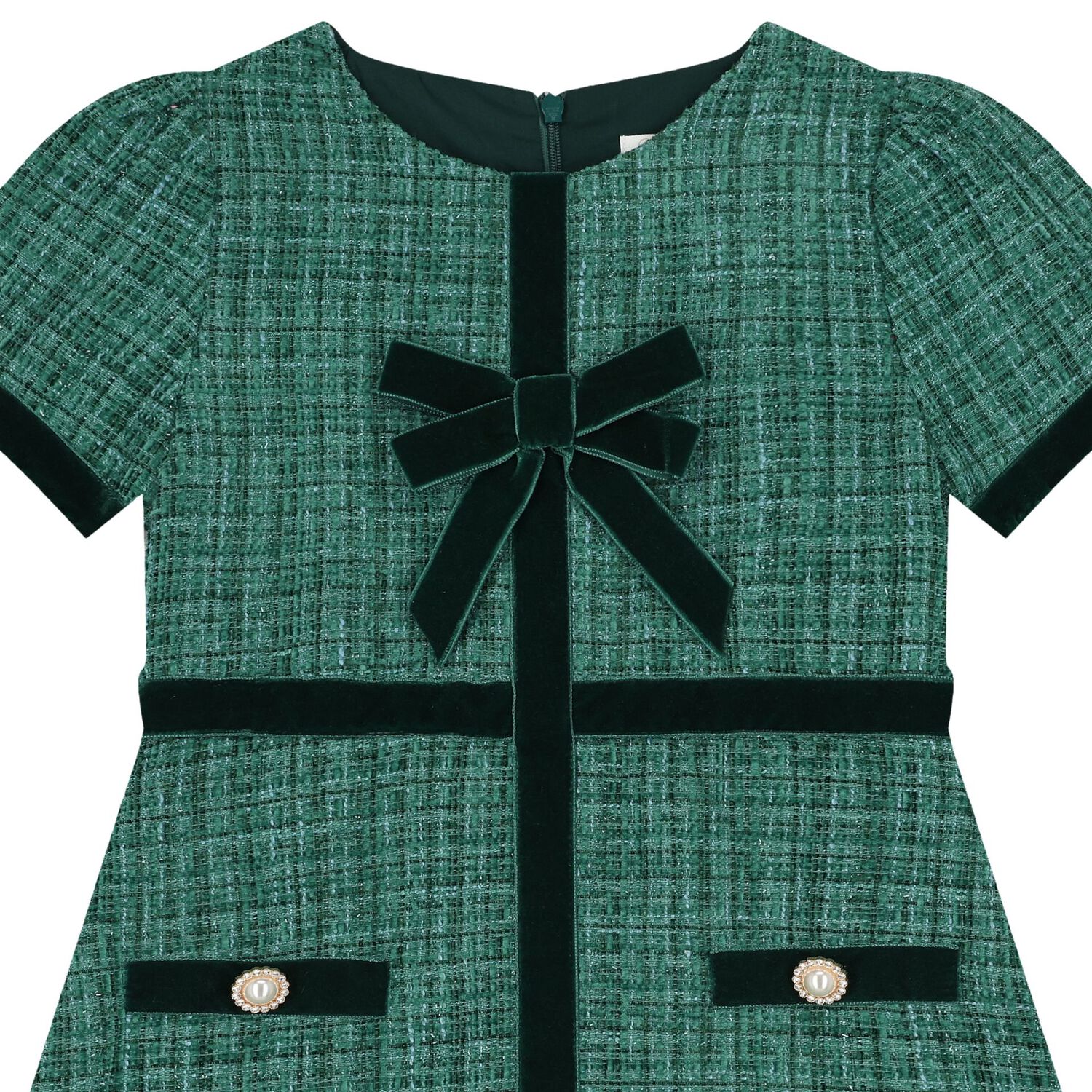 Patachou Girls Green Tweed & Velvet Bow Dress | Junior Couture