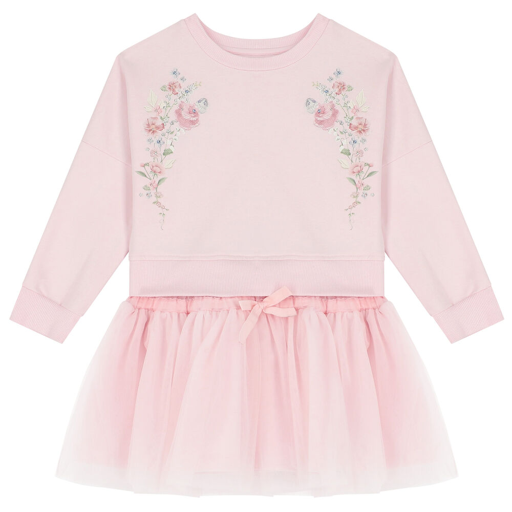 Lapin House Girls Pink Floral Tulle Dress | Junior Couture