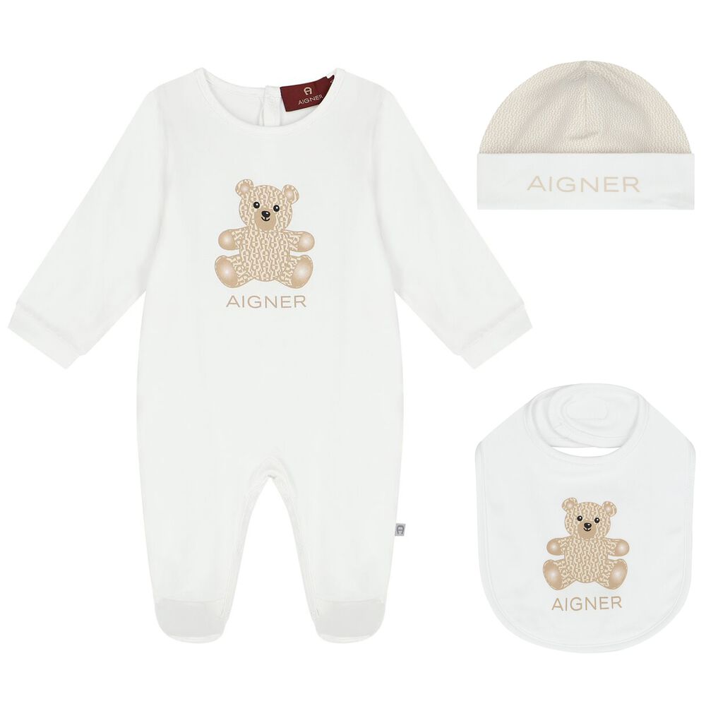 Aigner White Teddy Bear Logo Babygrow Set | Junior Couture KSA