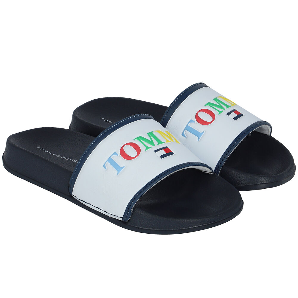 Tommy Hilfiger White & Navy Logo Sliders | Junior Couture