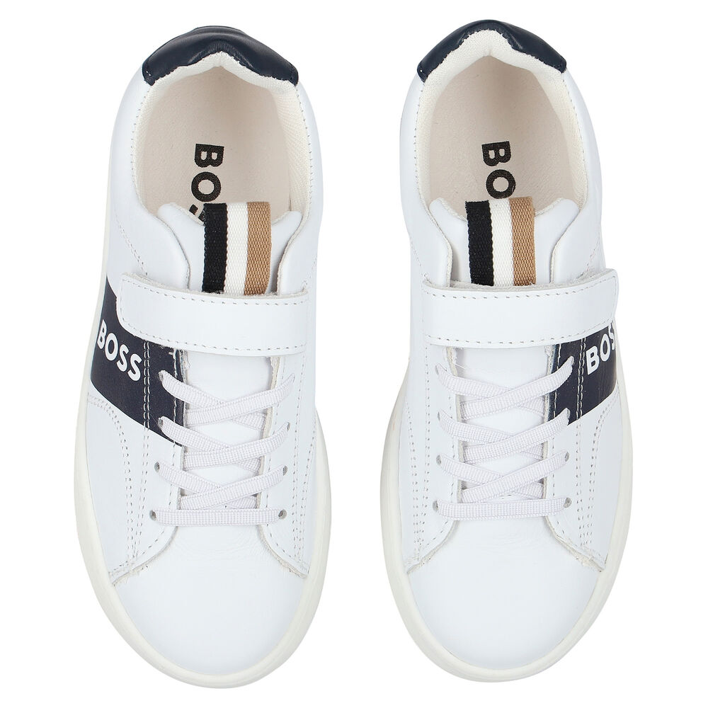 BOSS Boys White Logo Trainers | Junior Couture