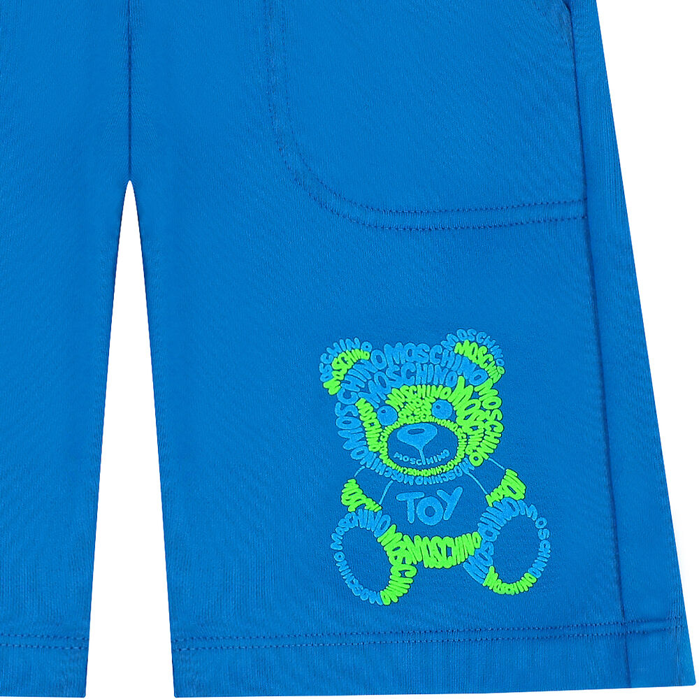 Moschino Boys White & Blue Teddy Bear Logo Shorts Set | Junior Couture