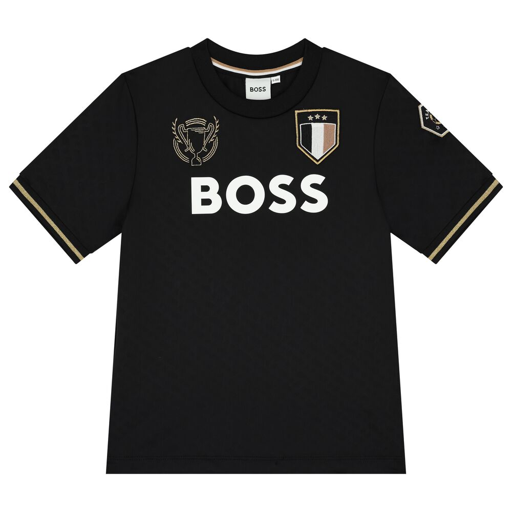 BOSS Boys Black Logo Football T-Shirt | Junior Couture