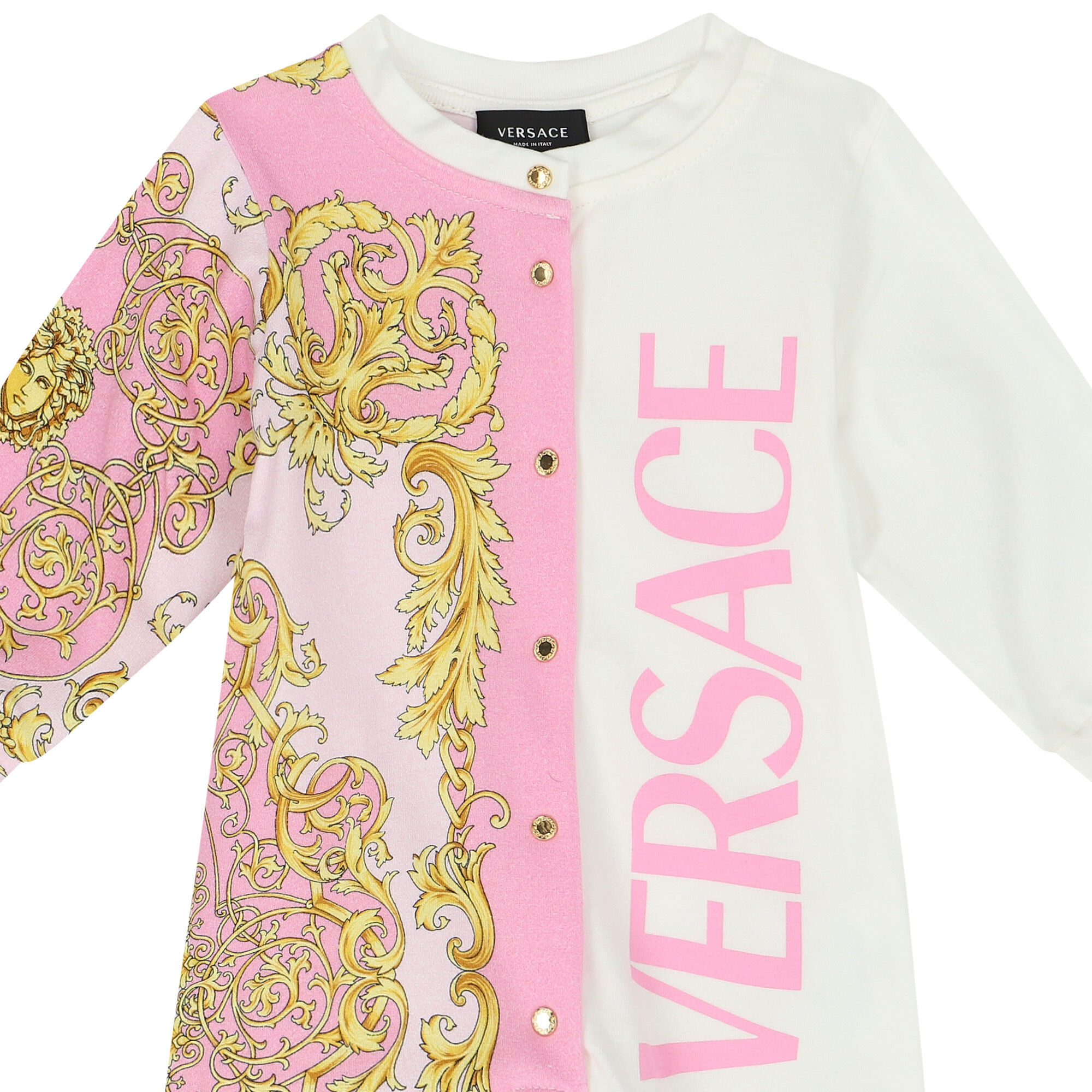 Versace Baby Girls Pink & Ivory Logo Babygrow | Junior Versace Baby Girls Pink & Ivory Logo Babygrow | Junior