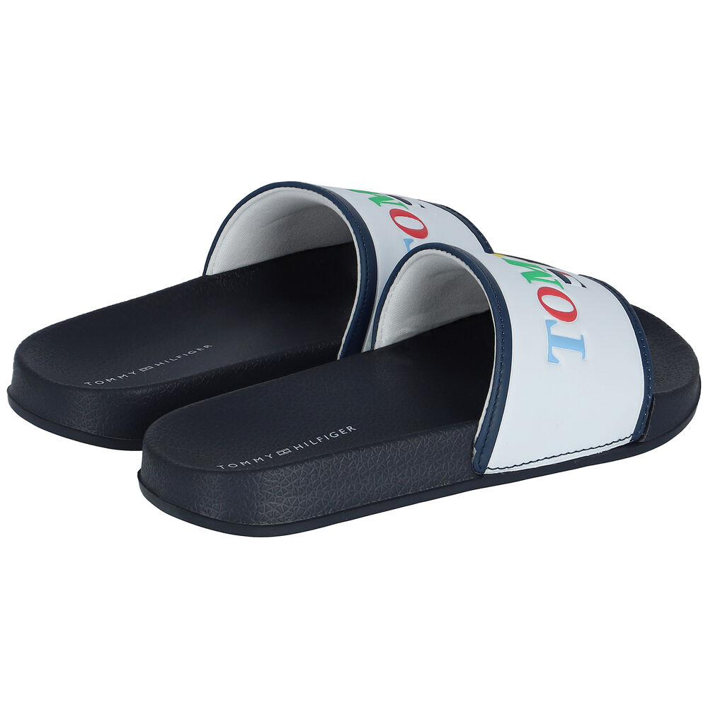 Tommy Hilfiger White & Navy Logo Sliders | Junior Couture
