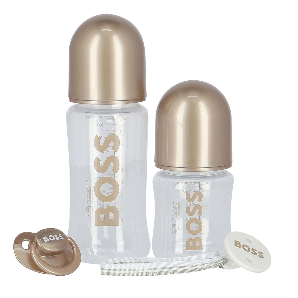 BOSS Gold Baby Bottles & Dummy Set | Junior Couture