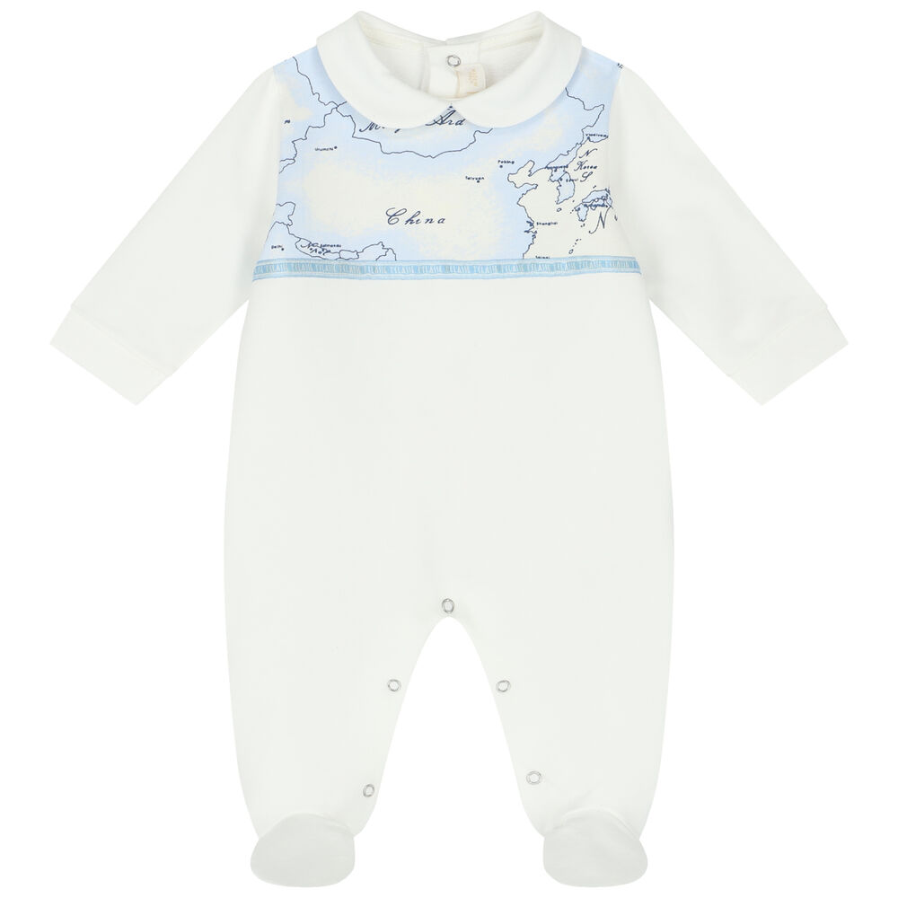Alviero Martini Baby Boys Ivory & Blue Geo Map Babygrow | Junior Couture