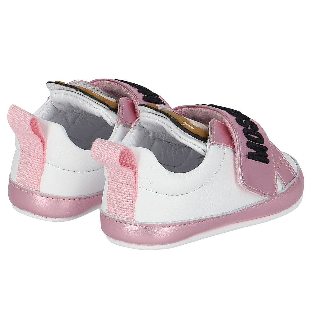 Moschino Pink & White Logo Pre Walker Shoes | Junior Couture