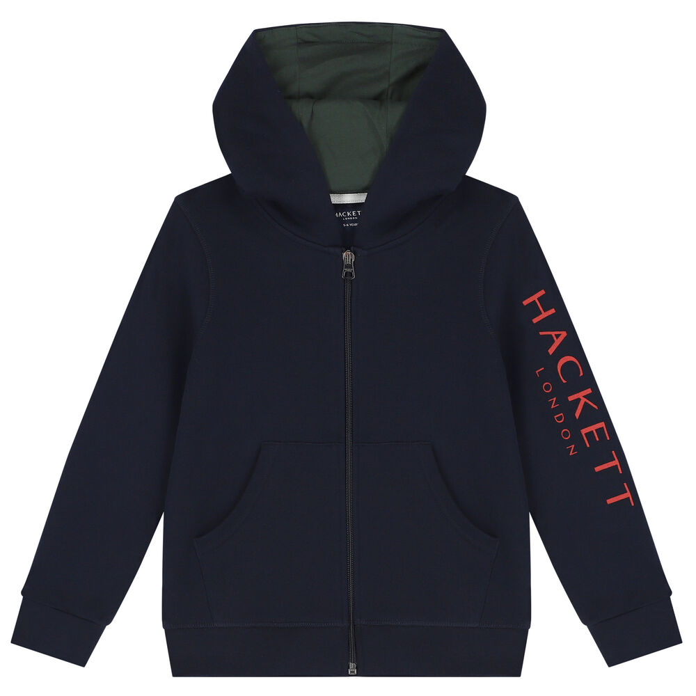 Hackett London Boys Navy Blue Logo Hooded Zip Up Top | Junior Couture KSA