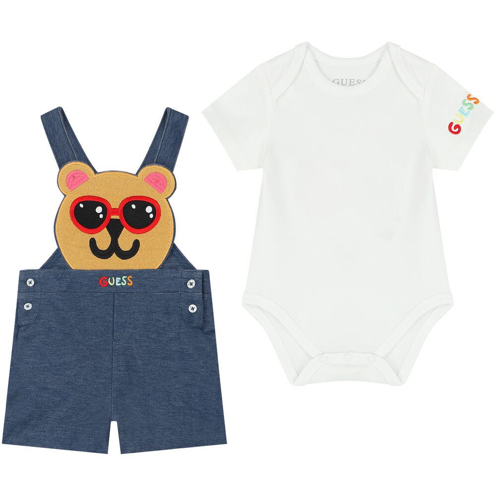 Guess White & Blue Teddy Bear Dungaree Set | Junior Couture
