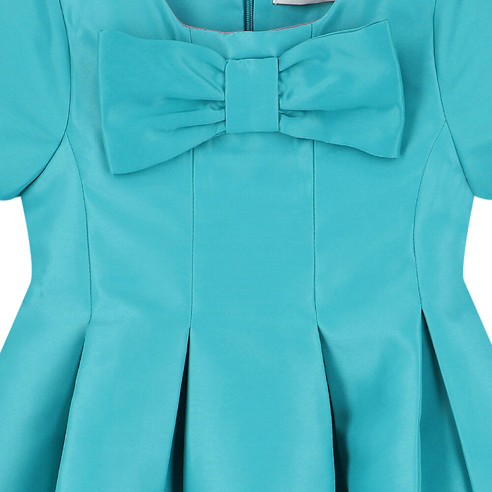 Mama Luma Girls Turquoise Satin Bow Dress | Junior Couture