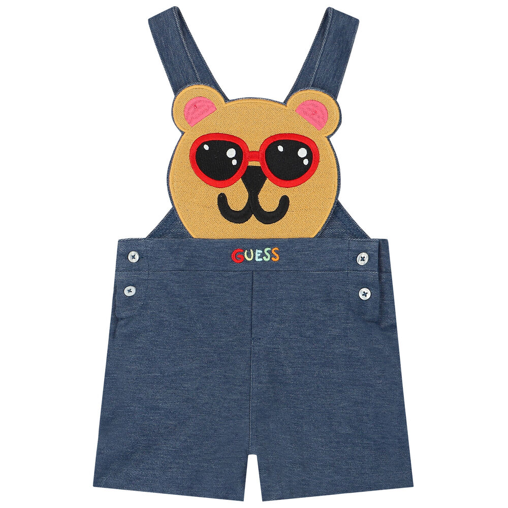 Guess White & Blue Teddy Bear Dungaree Set | Junior Couture KSA