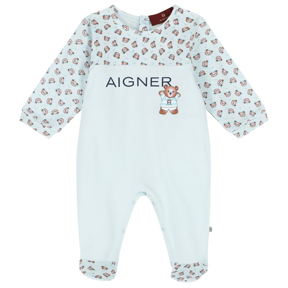 Aigner Baby Boys Blue Teddy Bear Logo Babygrow | Junior Couture USA