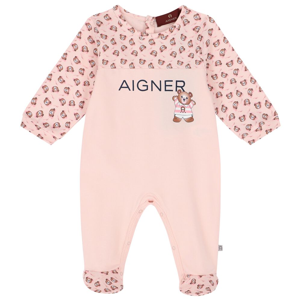 Aigner Baby Girls Pink Teddy Bear Logo Babygrow | Junior Couture