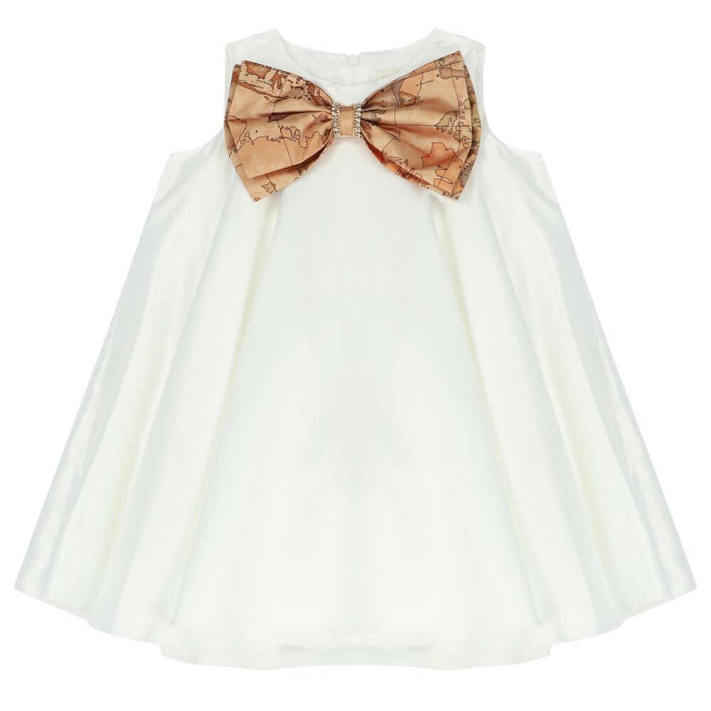 Alviero Martini Girls Ivory & Beige Geo Map Bow Dress | Junior Couture