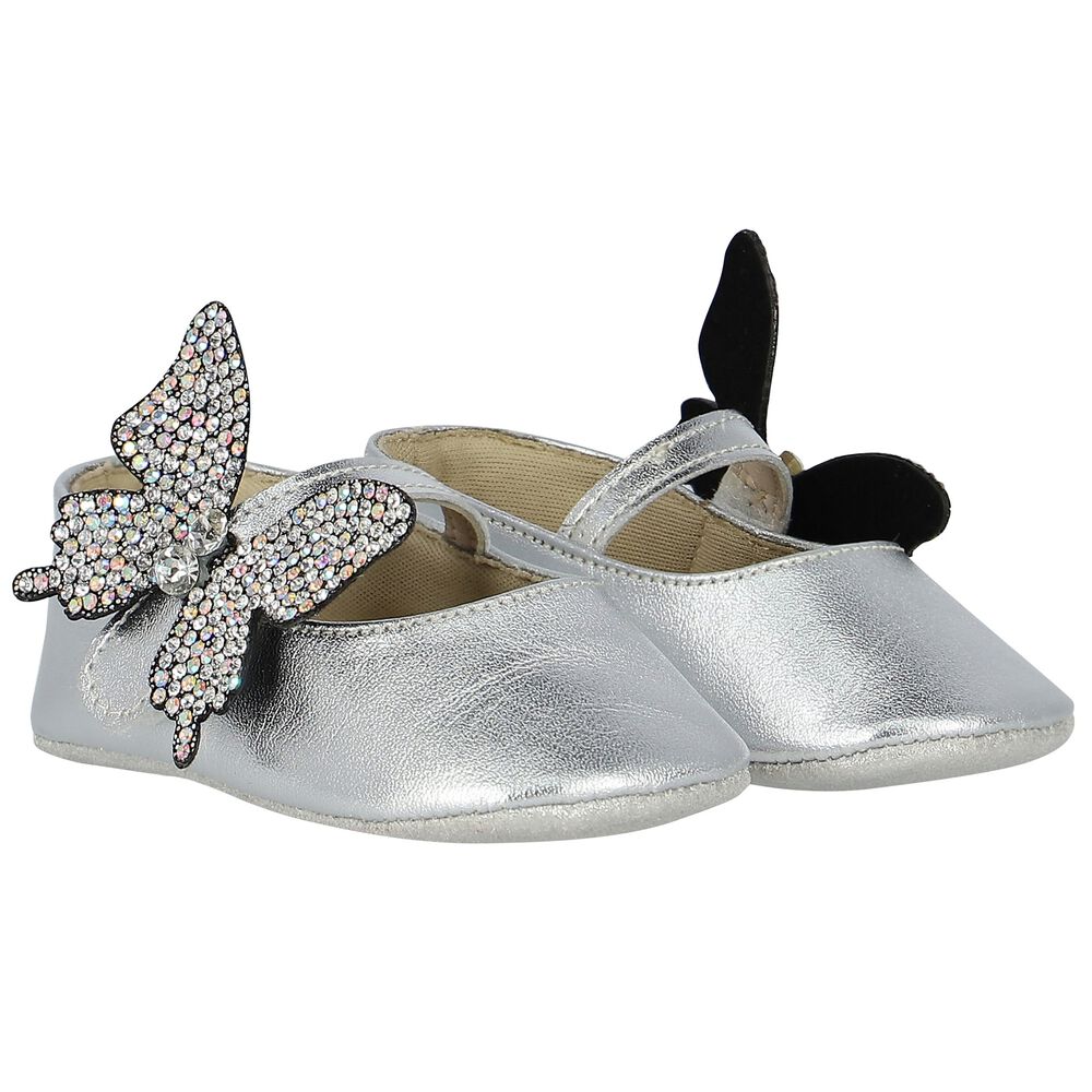 Babywalker Baby Girls Silver Butterfly Shoes | Junior Couture