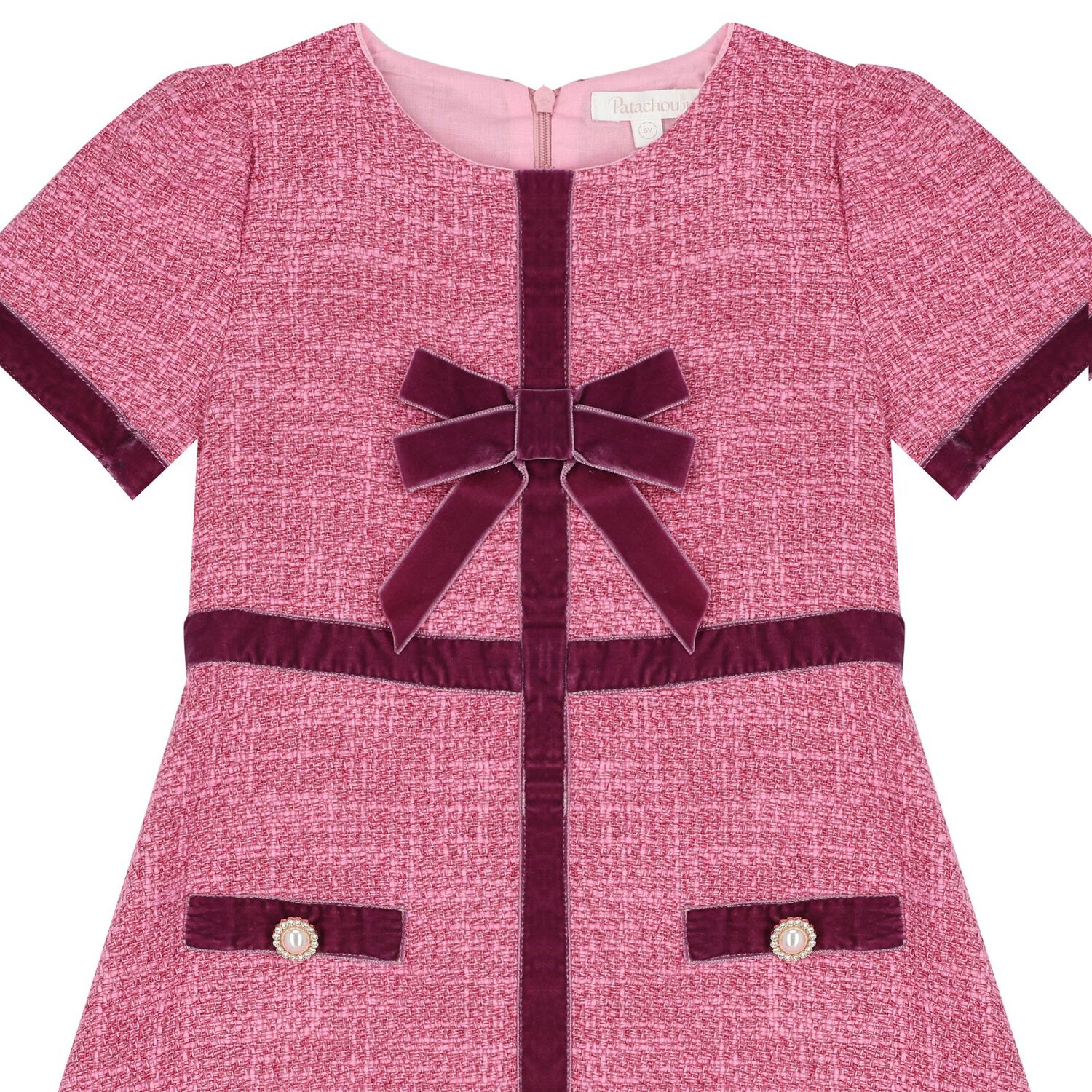Patachou Girls Pink Tweed & Velvet Bow Dress | Junior Couture