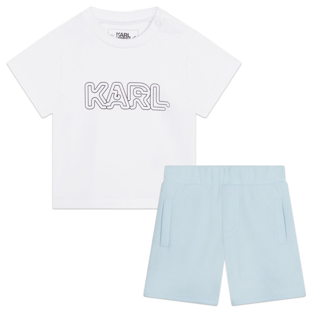 KARL LAGERFELD Younger Boys White & Blue Logo Shorts Set | Junior Couture
