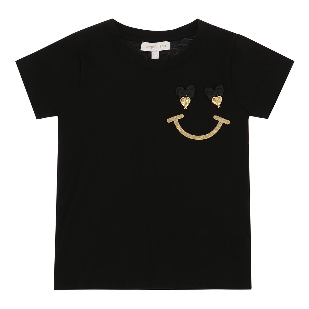 Angel's Face Girls Black Happy Face T-Shirt | Junior Couture