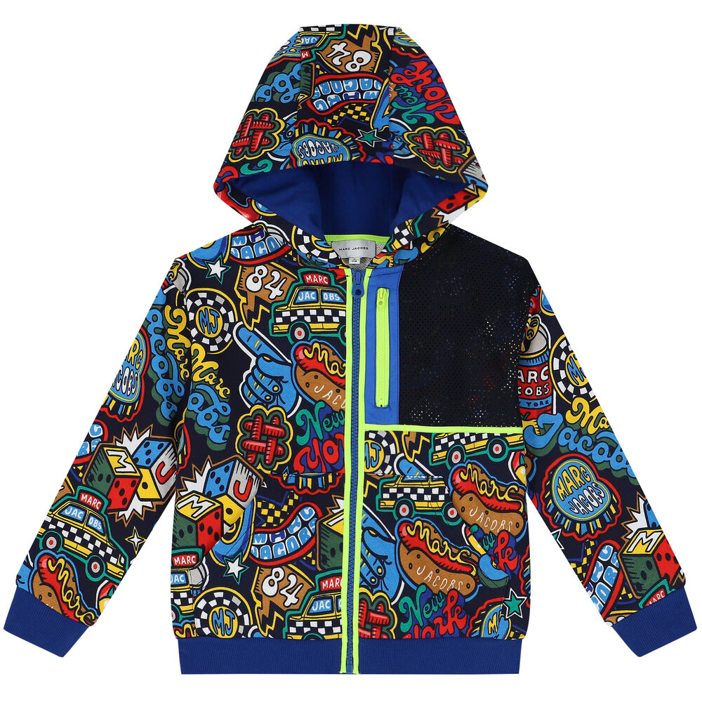MARC JACOBS Boys Navy Blue Logo Hooded Zip Up Top | Junior Couture