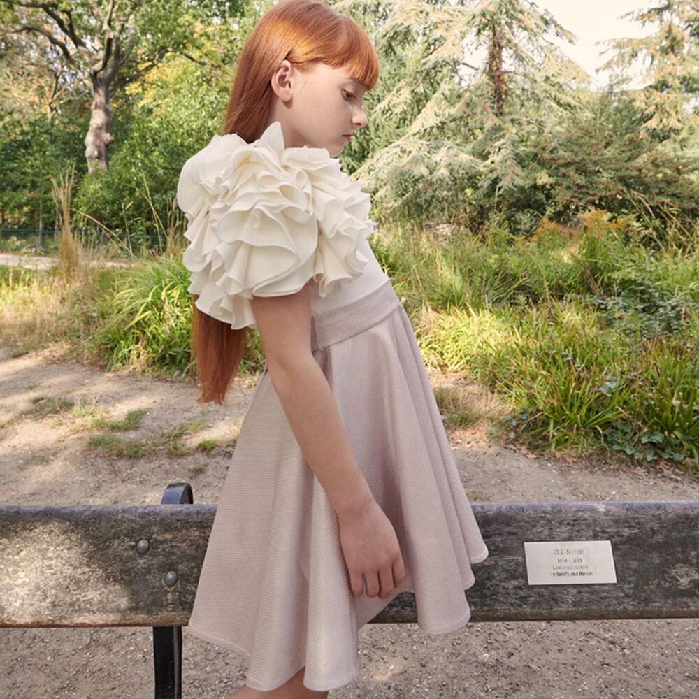 Jessie & James Girls White & Pink Jacquard Ruffle Dress | Junior Couture
